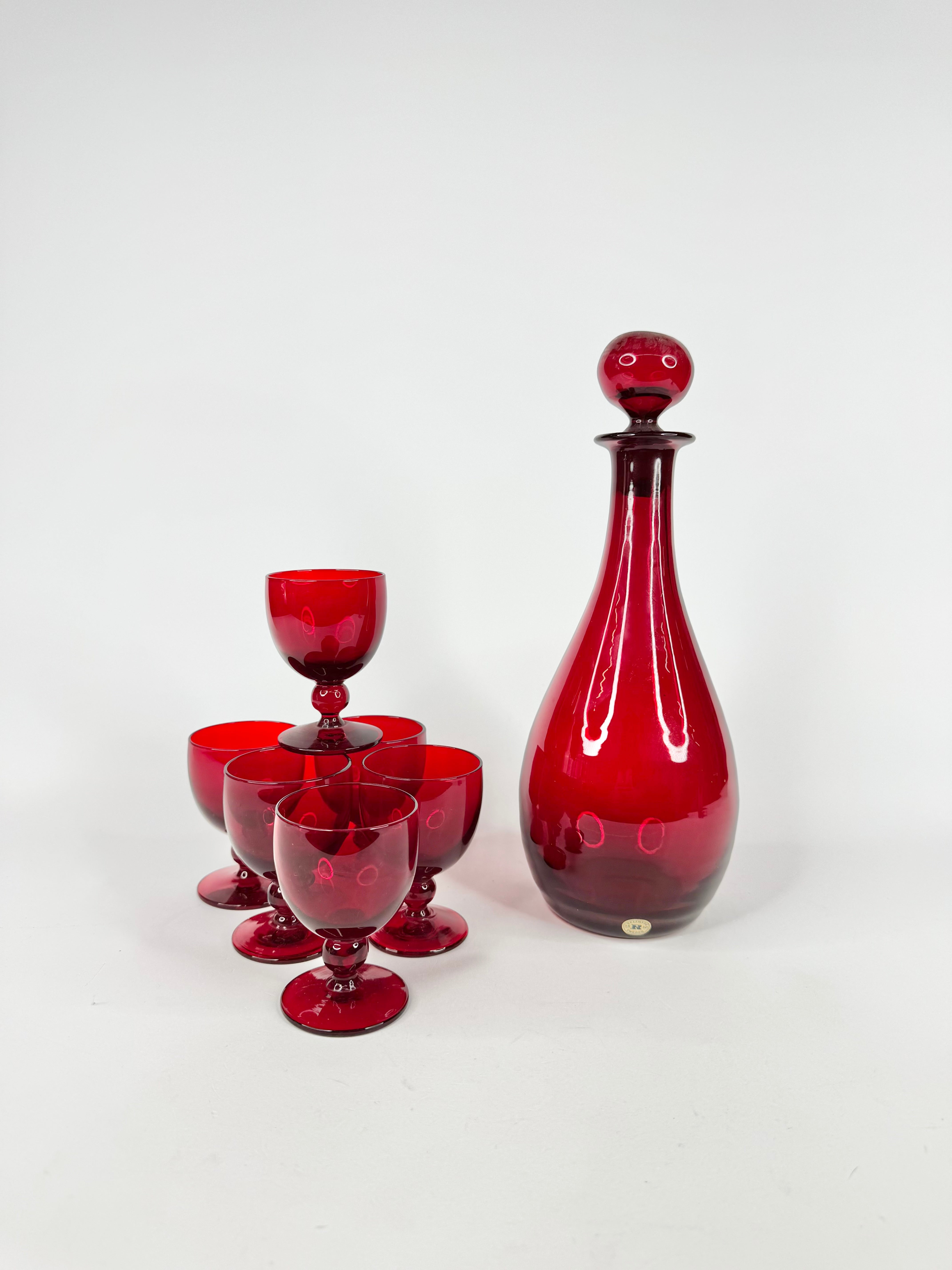 Reijmyre of Sweden Red Glass Bottle and Six Port Glasses